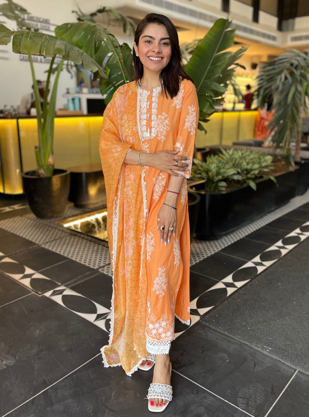 Mulmul Cotton Perla Orange Kurta With Mulmul Cotton Floral Ladder Slim